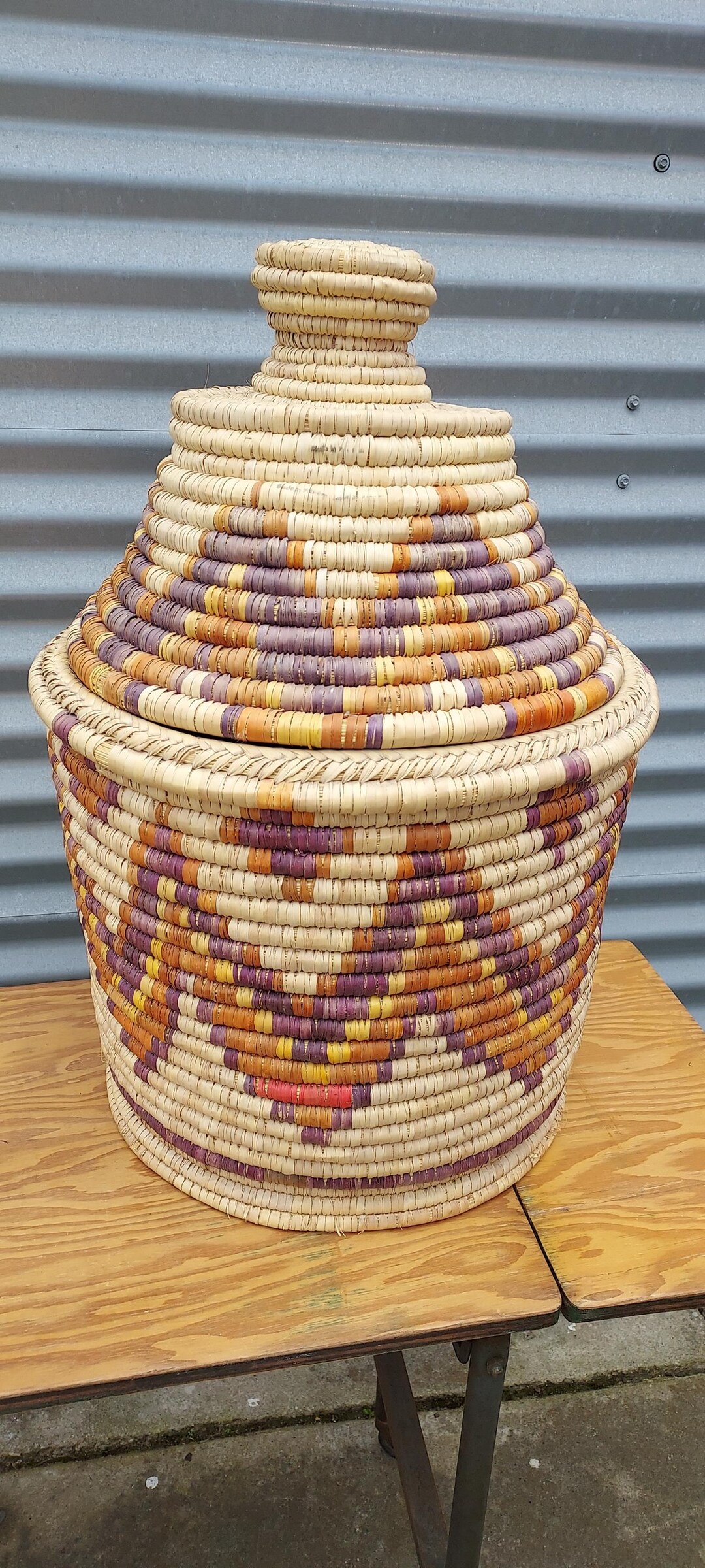 Vintage LARGE Woven Coil Basket, Pakistan Hand Woven Basket With Lid ...