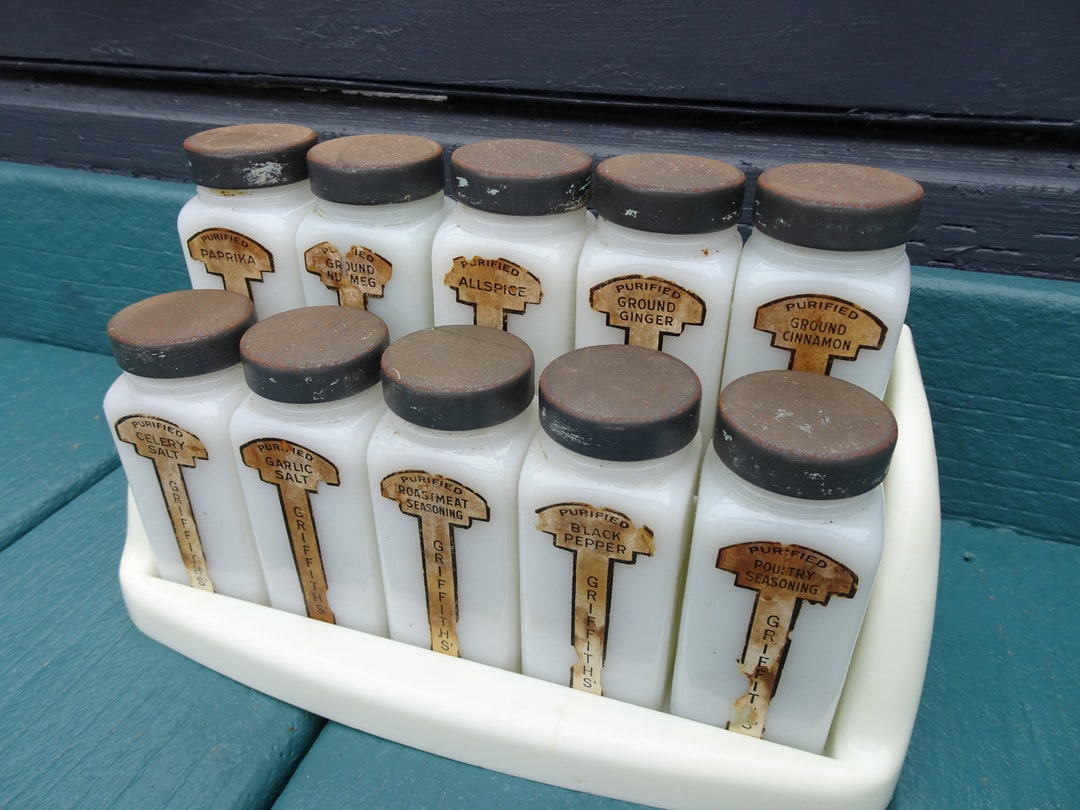 1940s Vintage Griffiths Spice Rack 10 Milk Glass Jars Metal Lids ...