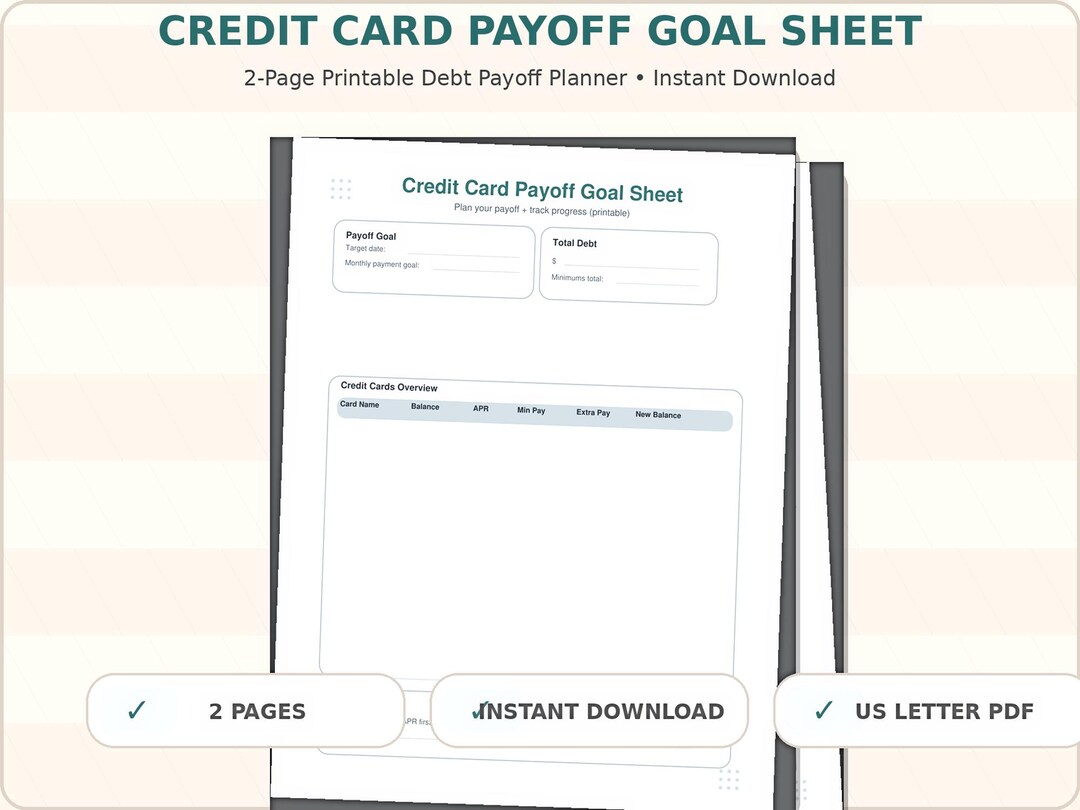 Credit Card Payoff Goal Sheet Printable, Debt Tracker + Monthly Payment ...