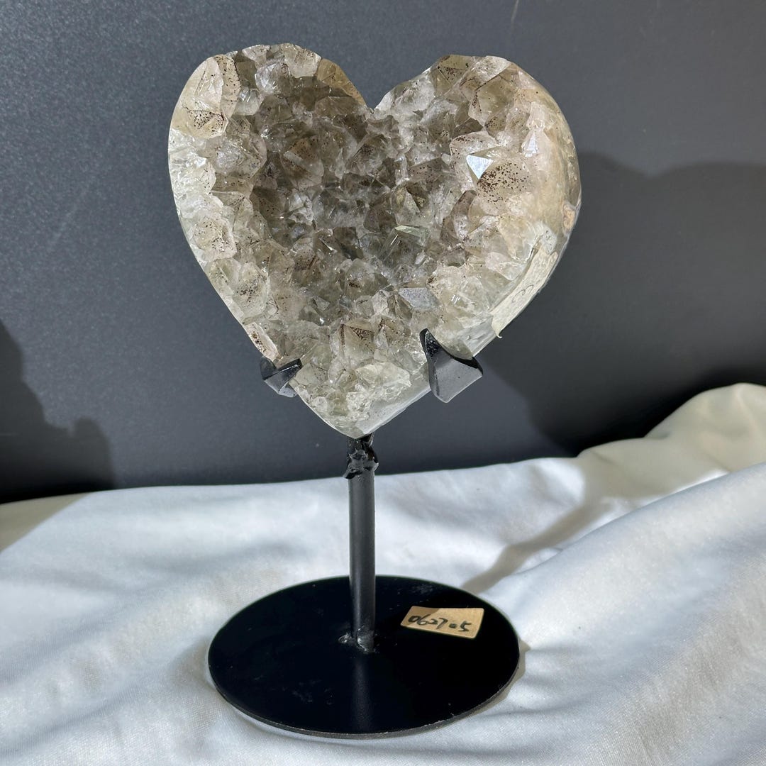 Rare Green Quartz Black Tourmaline Heart on Stand, Tourmalinated ...