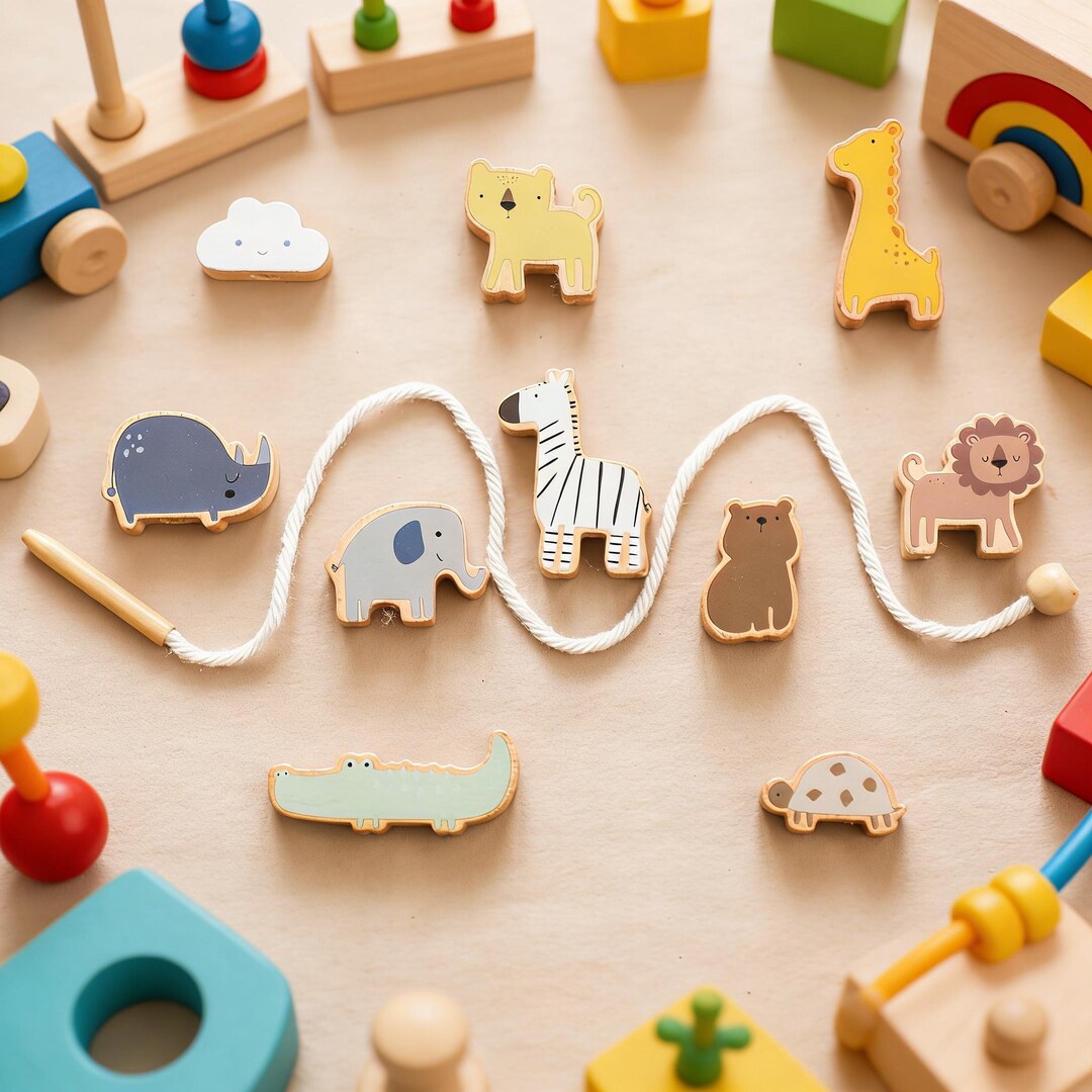 Wooden Safari Lacing Toy | Montessori Animal Threading Set - Etsy