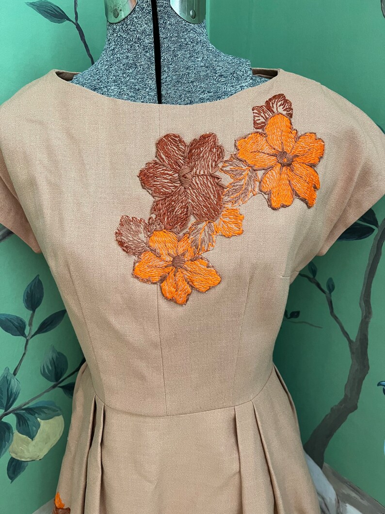 1960s Tan Fall Autumn Floral Embroidered Dress - Etsy
