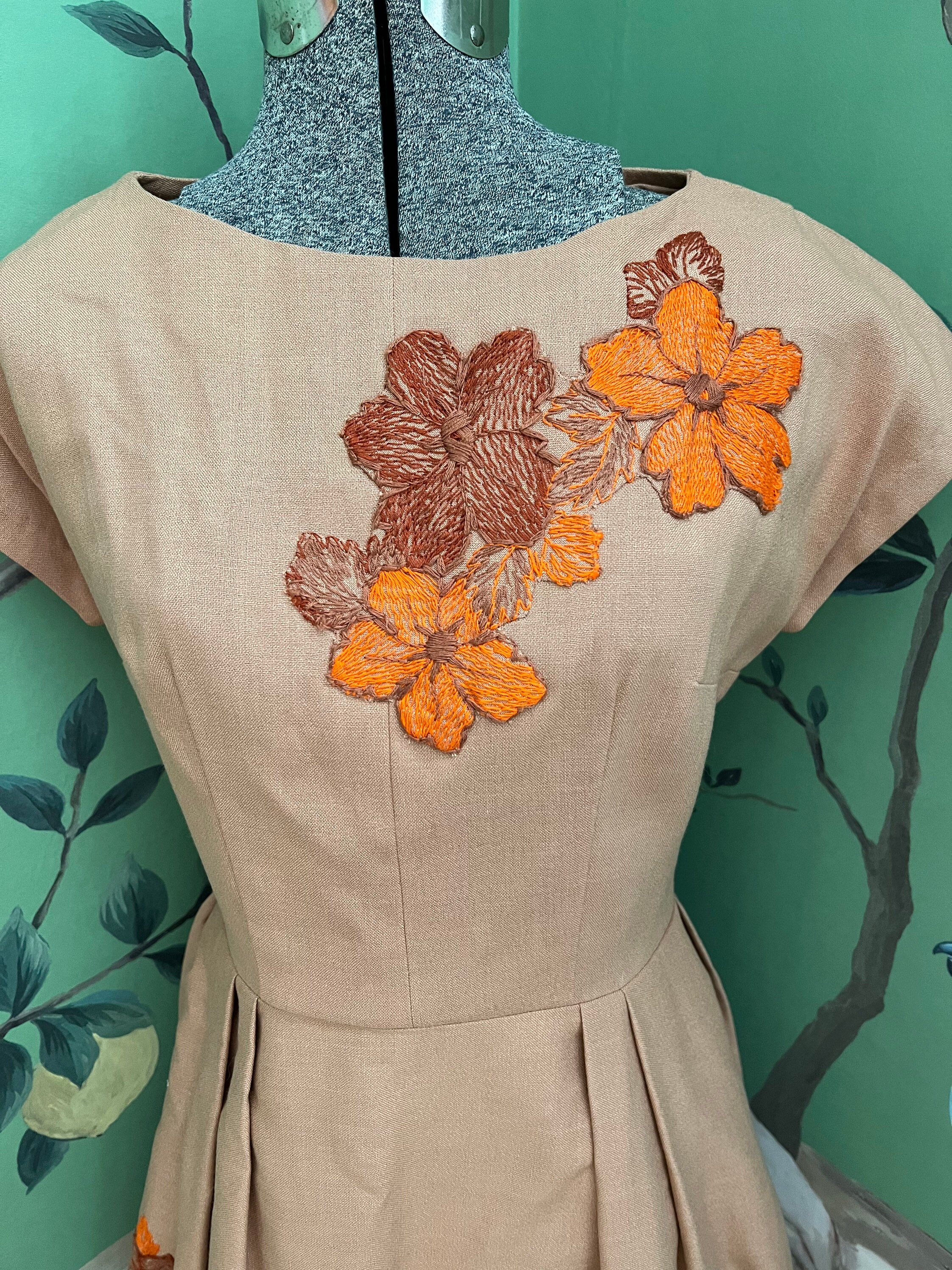 1960s Tan Fall Autumn Floral Embroidered Dress - Etsy