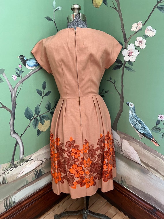 1960s Tan Fall Autumn Floral embroidered dress - Gem