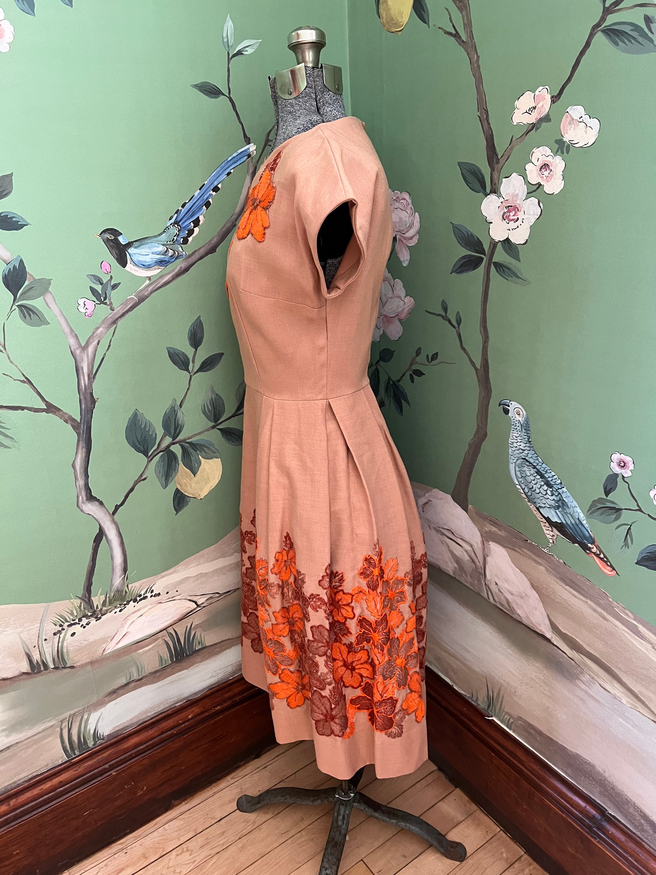 1960s Tan Fall Autumn Floral Embroidered Dress - Etsy