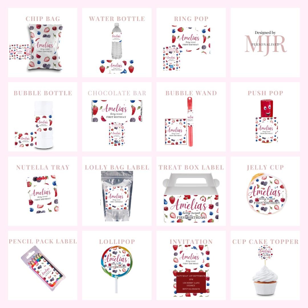 Berry Sweet Theme Party Favour Template Bundle - Edit Yourself - Etsy