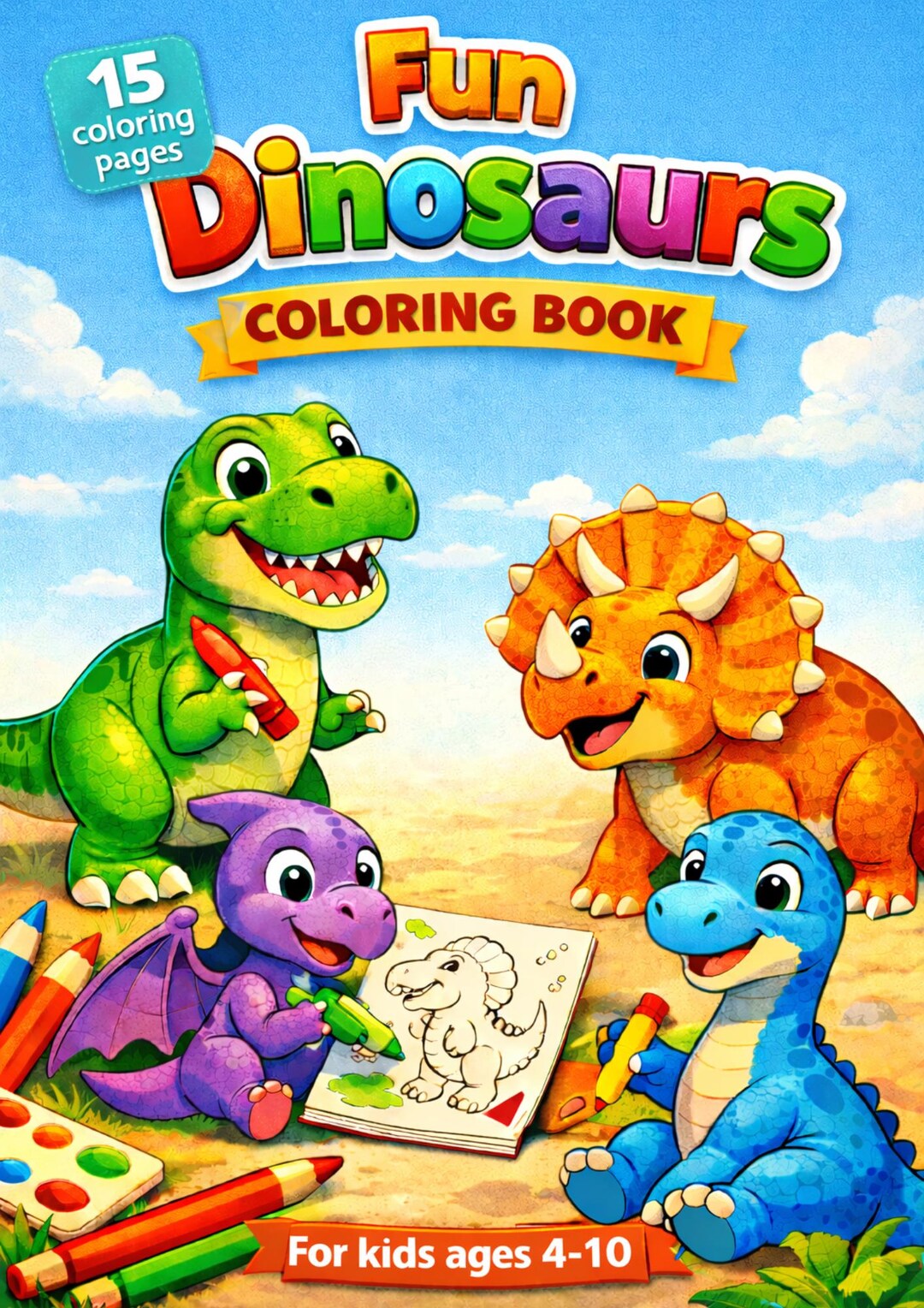 Fun Dinosaur Coloring Book, 15 Printable Pages, Kids Activity (PDF ...
