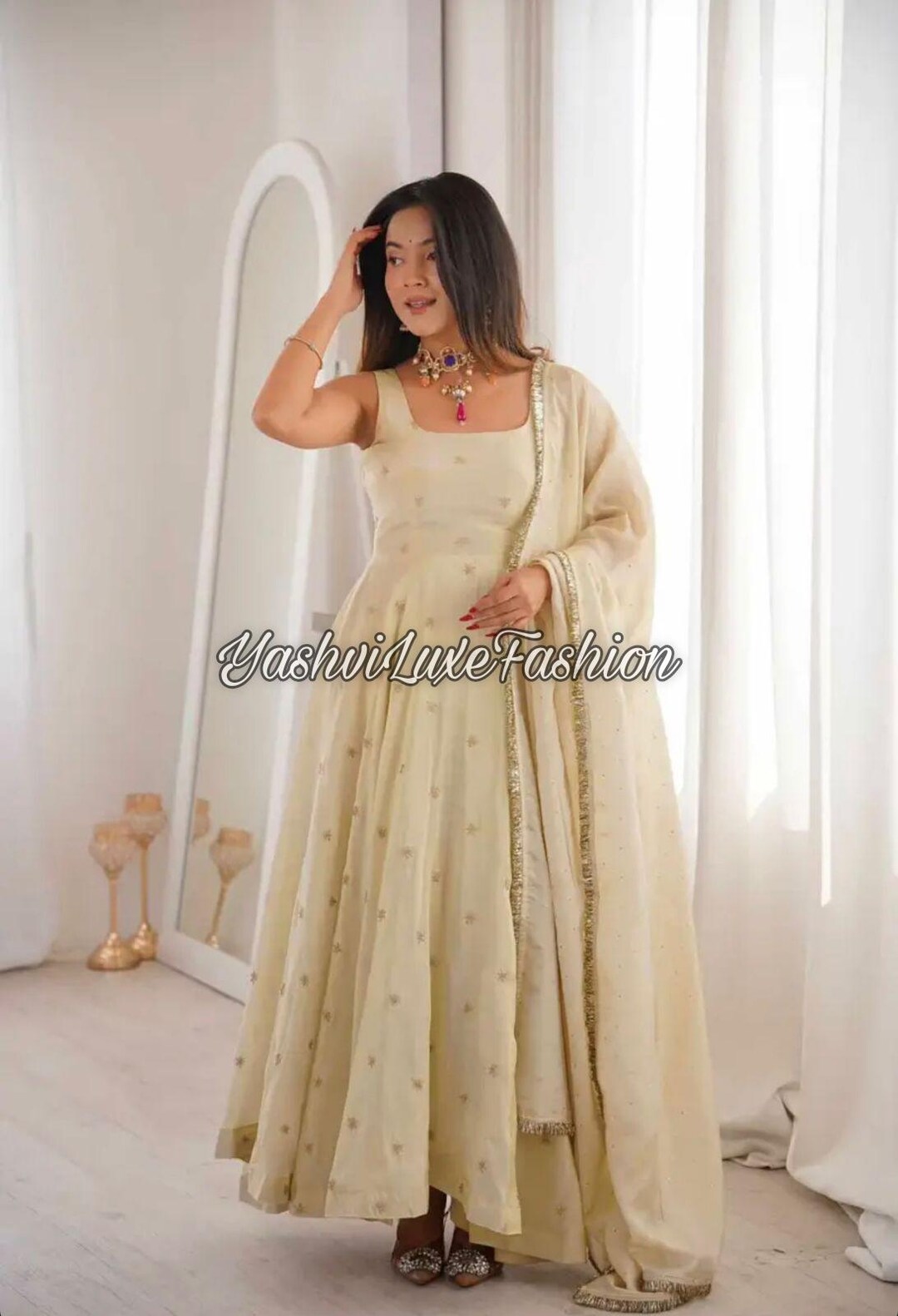 Designer Gown and Pent With Dupatta Set, Embroidery Work, Bridesmaid ...