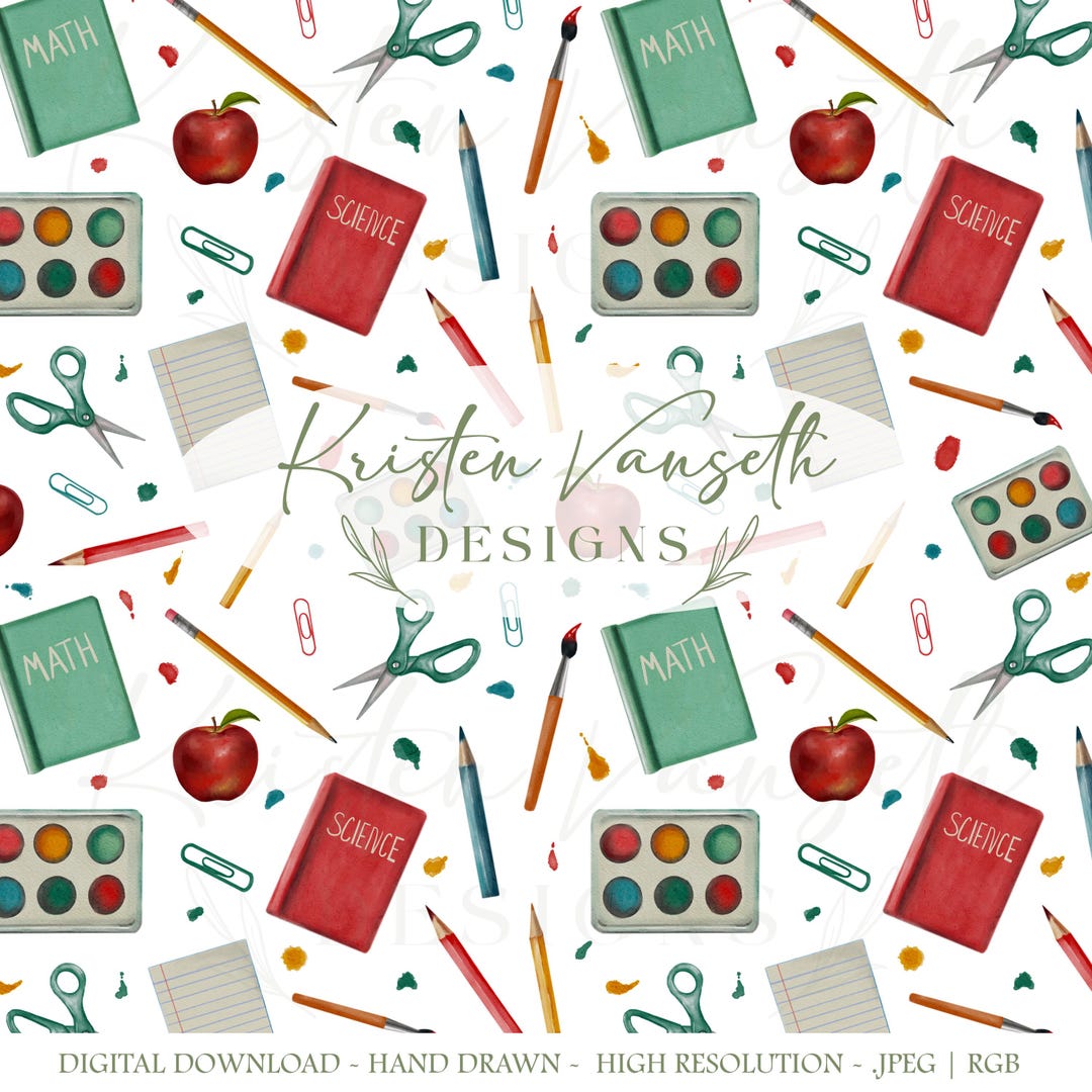 Watercolor School Supplies Seamless Pattern Back to School Paper ...