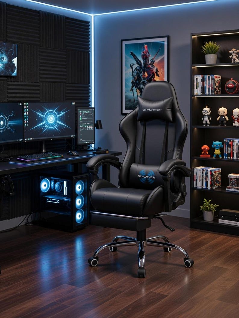 Ergonomic Gaming Chair With Footrest, PU Leather Racing Style Gamer ...