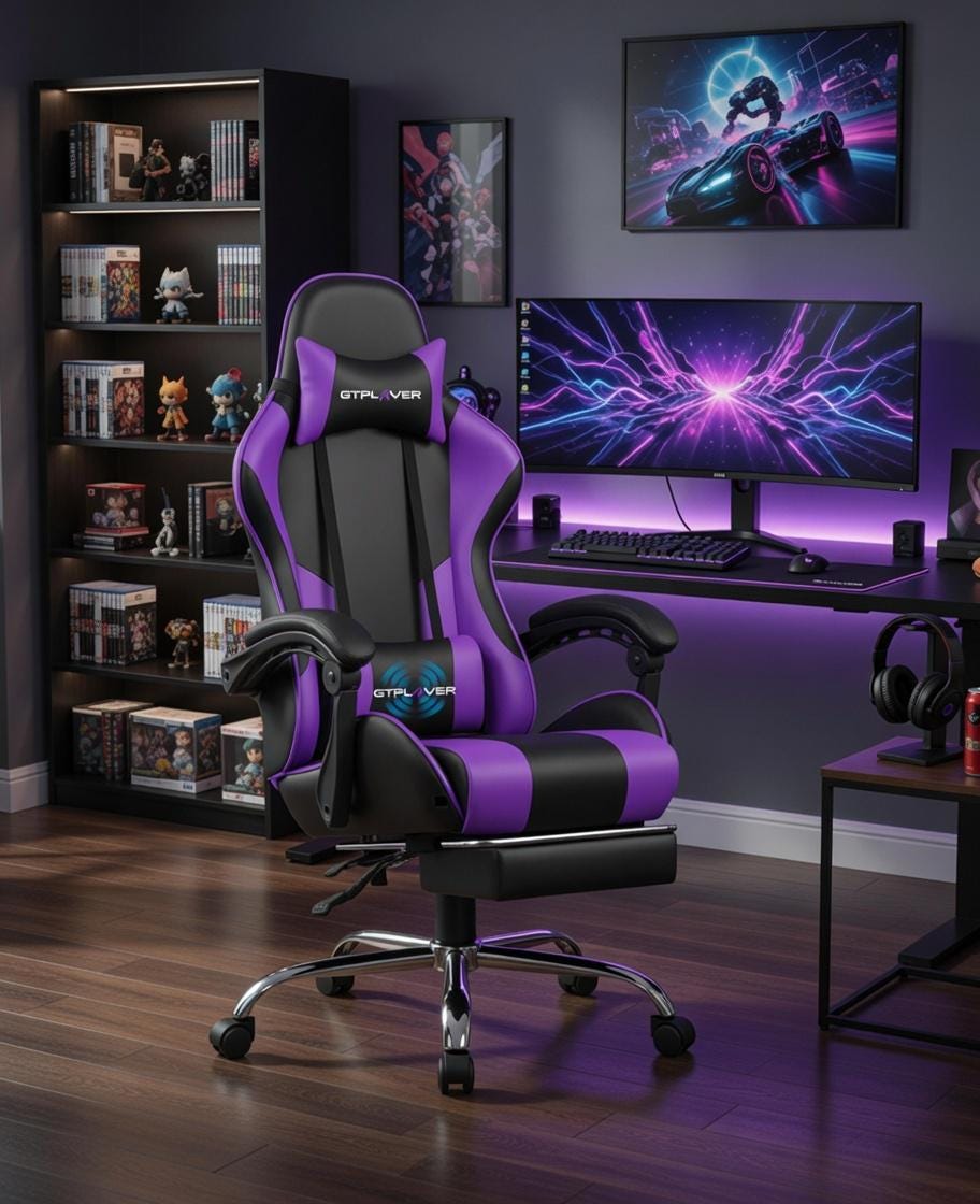 Ergonomic Gaming Chair With Footrest, PU Leather Racing Style Gamer ...