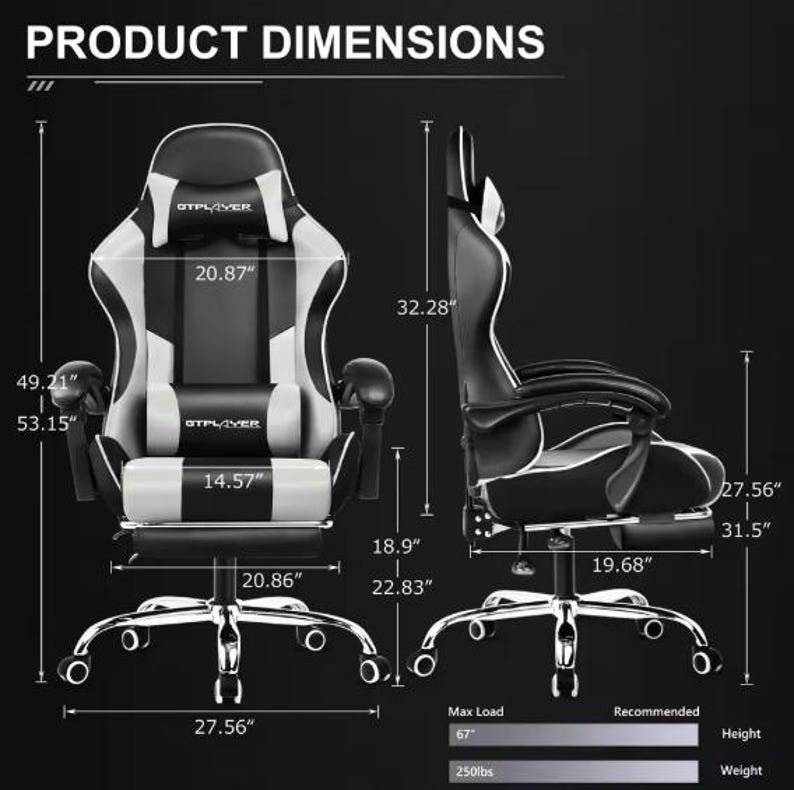 Ergonomic Gaming Chair With Footrest, PU Leather Racing Style Gamer ...