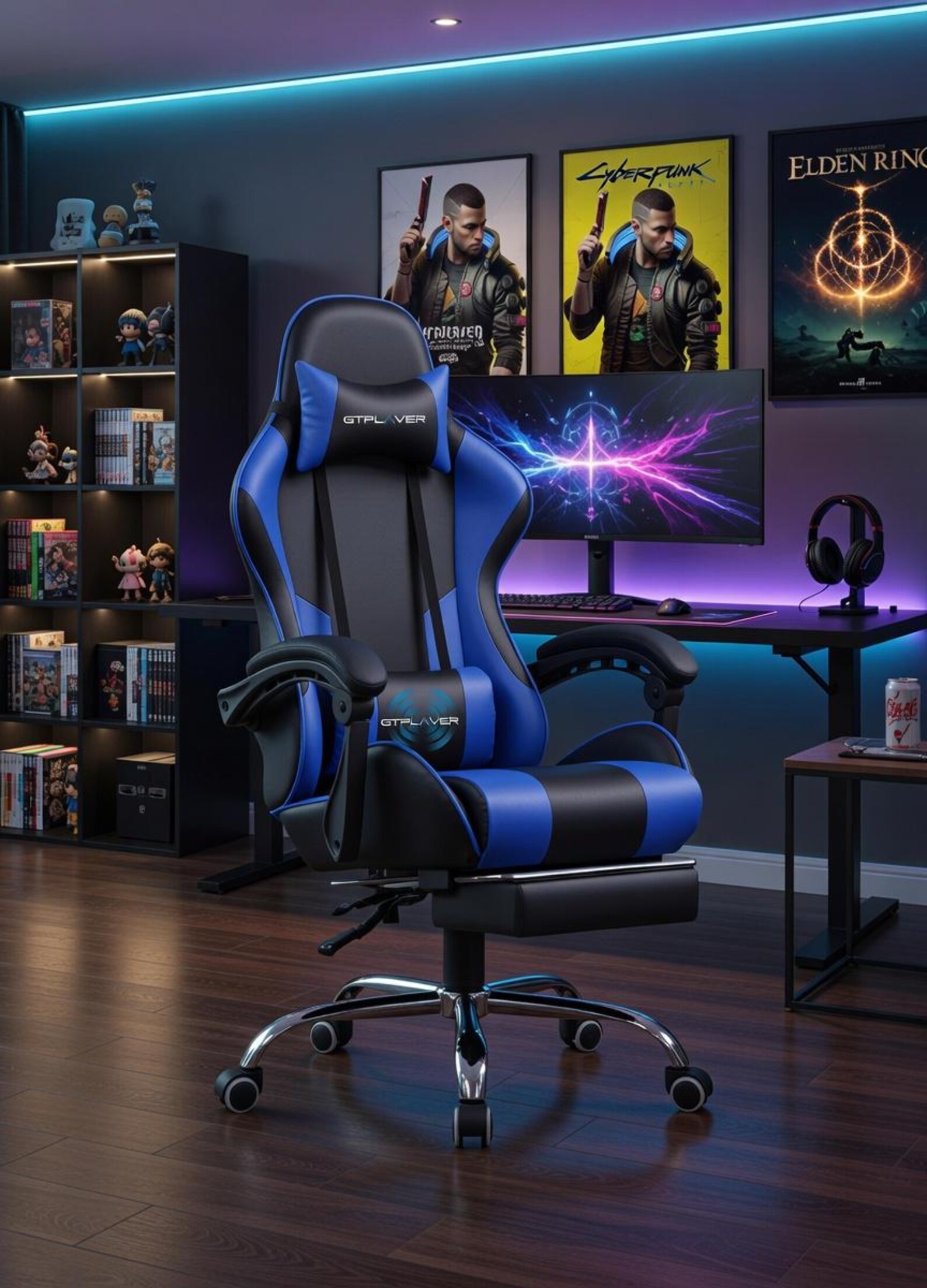 Ergonomic Gaming Chair With Footrest, PU Leather Racing Style Gamer ...