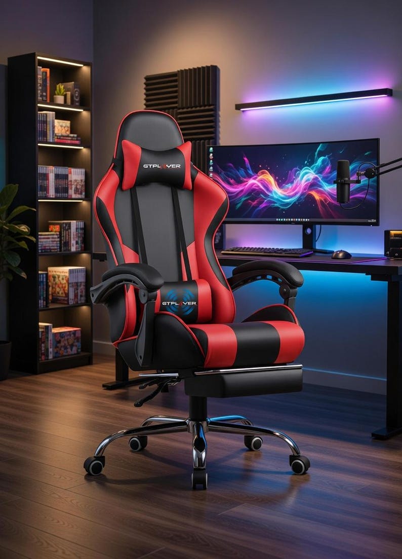 Ergonomic Gaming Chair With Footrest, PU Leather Racing Style Gamer ...