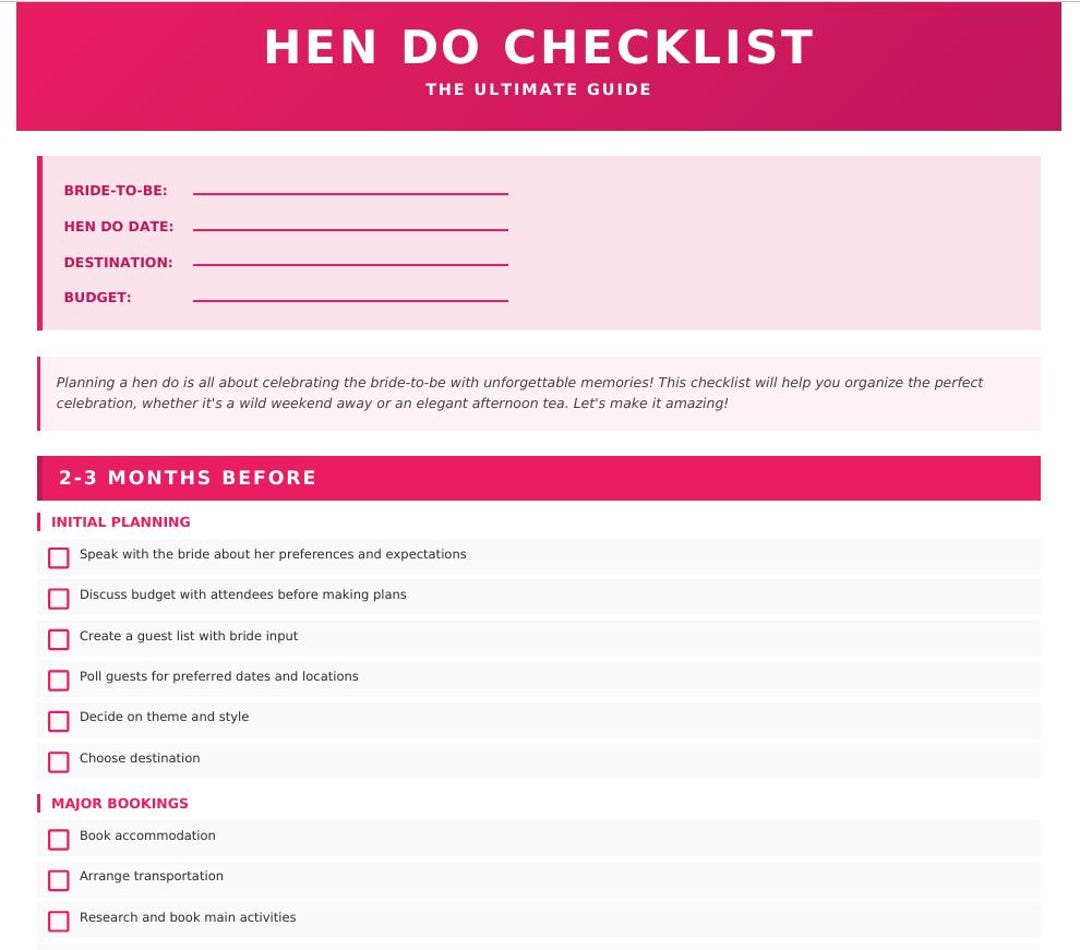 Hen Do Planning Checklist PDF | Party Planner Printable | Bachelorette ...