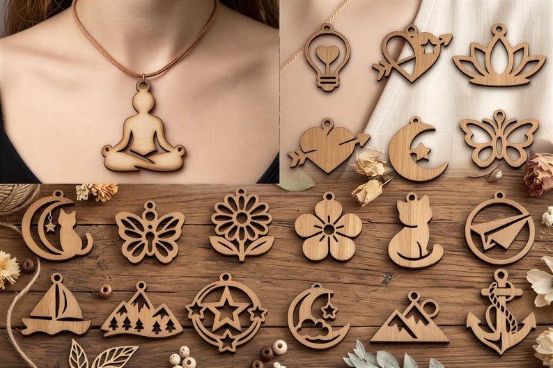 Wooden Pendant Svg Bundle | Laser Cut Jewelry Charm Svg Dxf | Necklace ...