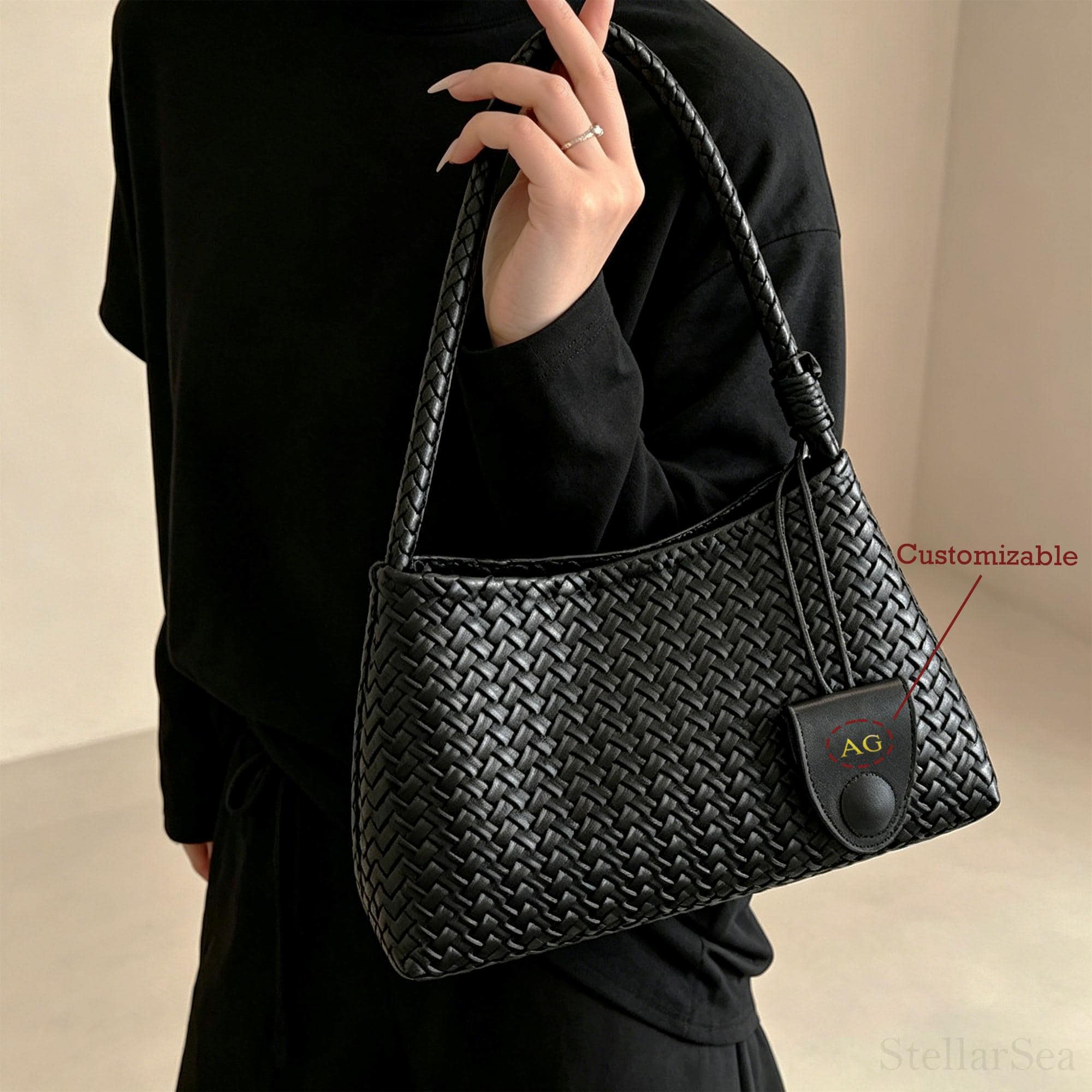 French Chic Woven Leather Bag,personalized 2-in-1 Shoulder Bag With ...