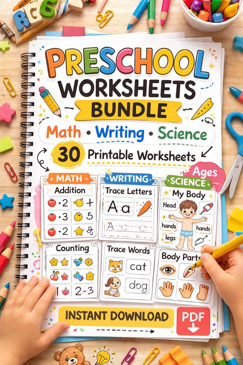 Preschool Worksheets Bundle Printable PDF, Kindergarten Math Writing ...