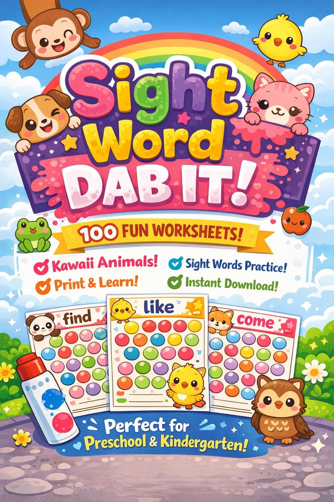 Kawaii Animals Sight Word Dab It Worksheets, Kindergarten Homeschool ...