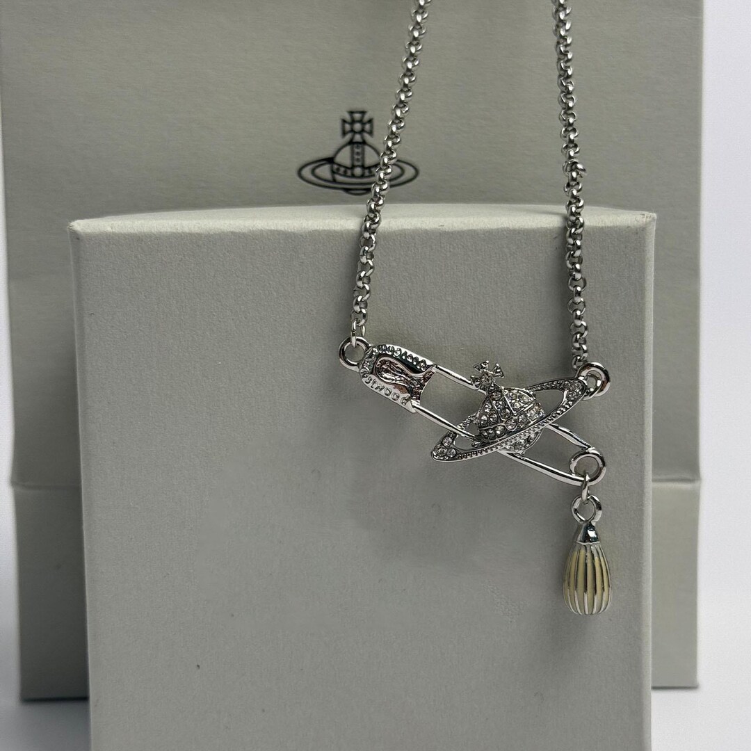Safety Pin Orbit Necklace – Silver Crystal Design With Teardrop Pearl ...