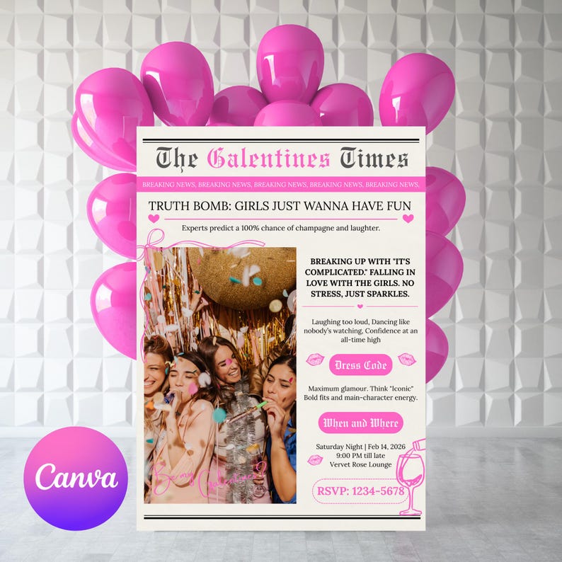Newspaper Galentine's Day Invitation, Retro Pink Canva Template ...
