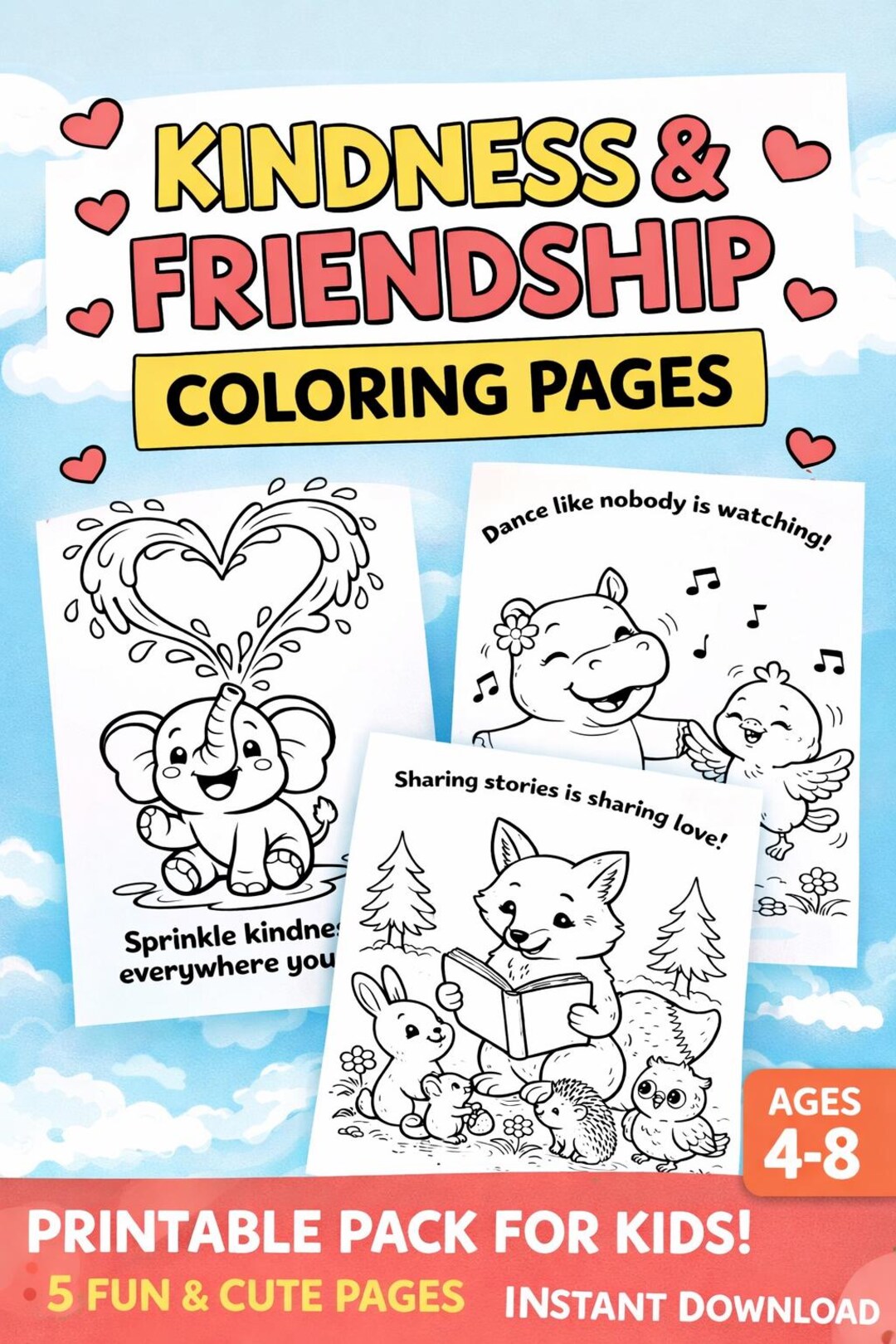Kindness & Friendship Printable Coloring Pages for Kids Ages 4–8| Cute ...