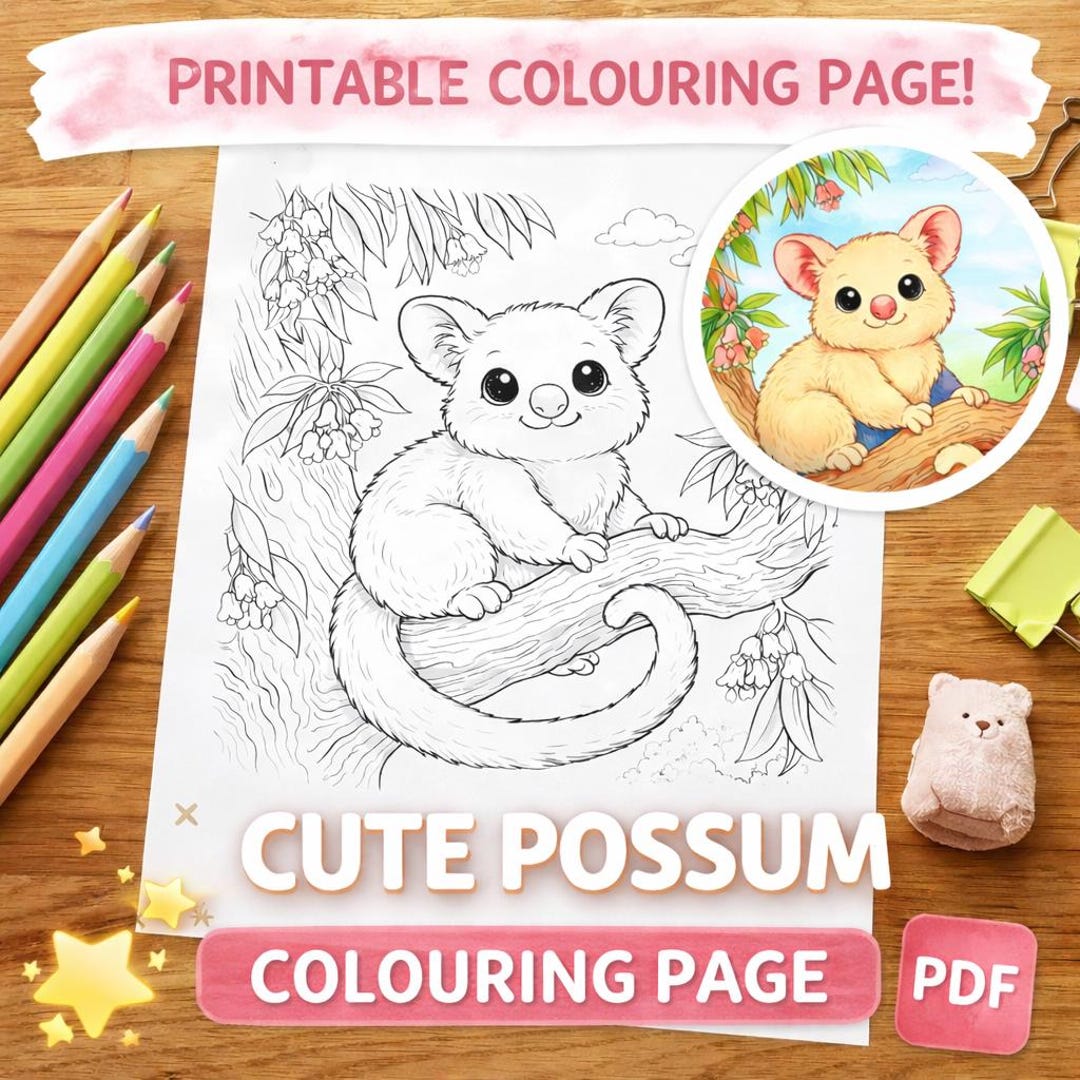 Possum Colouring Page | Australian Animal Printable | Kawaii Colouring ...