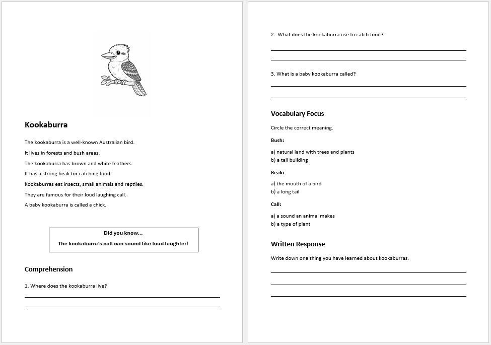 Australian Animals Reading Comprehension Worksheets | Year 1–2 Literacy ...