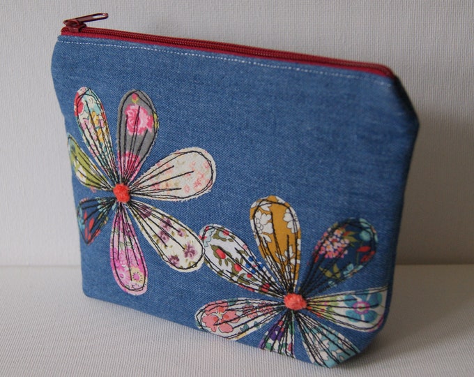 Freehand Machine Embroidered Cosmetic Bag Denim Make up Bag Flower Make ...