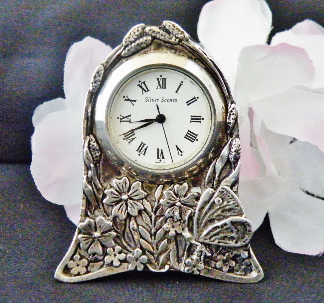 Silver Scenes Miniature Clock Butterfly and Wild Flowers - Etsy