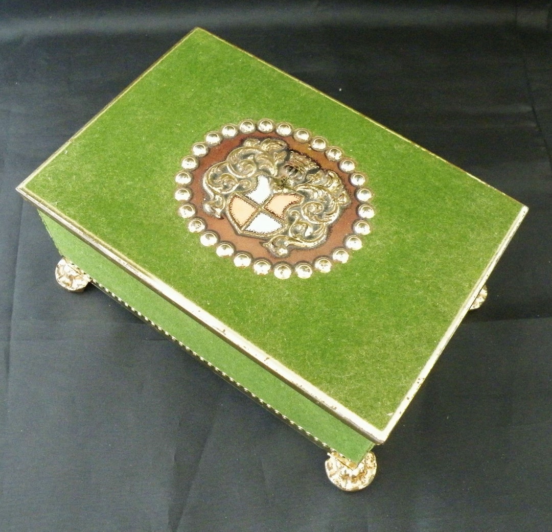 Vintage Tin Plate Box French Treasure Chest, Candy Container Green ...