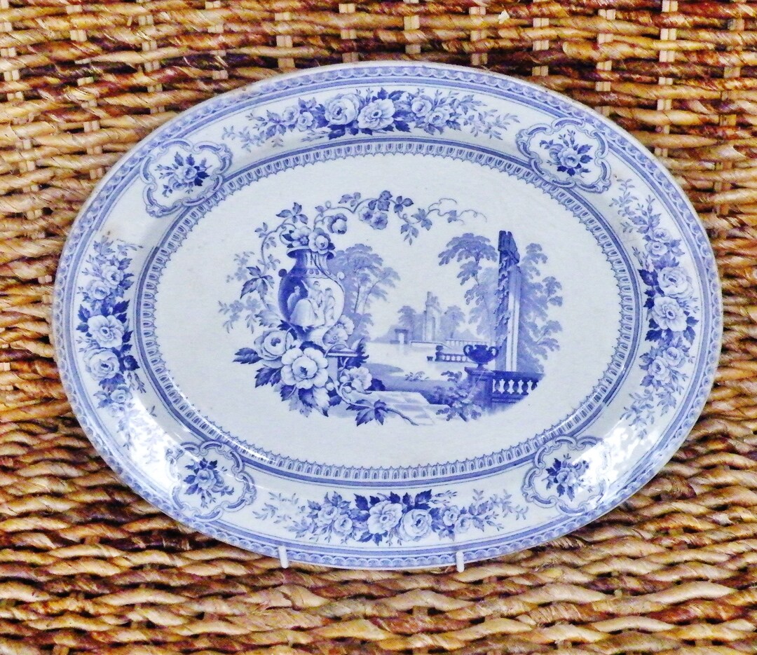 Victorian Staffordshire Plate Blue White Oval Platter Flow - Etsy