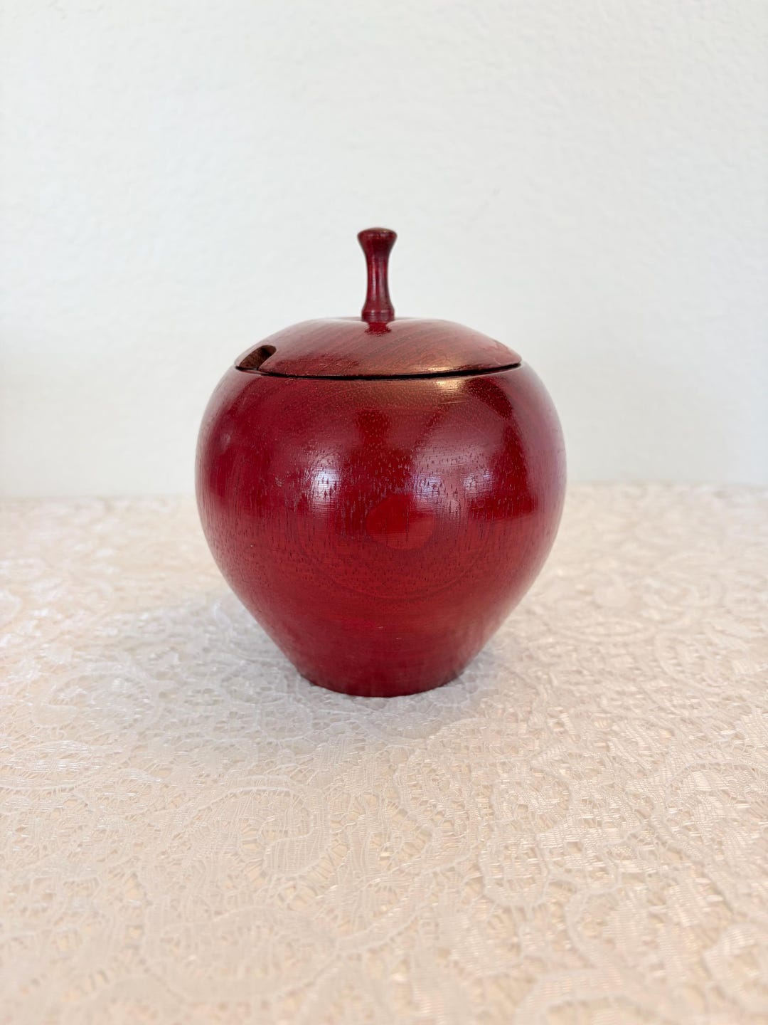 Hand-turned Red Wooden Sugar Bowl With Spoon Notch – Rustic Cottage ...