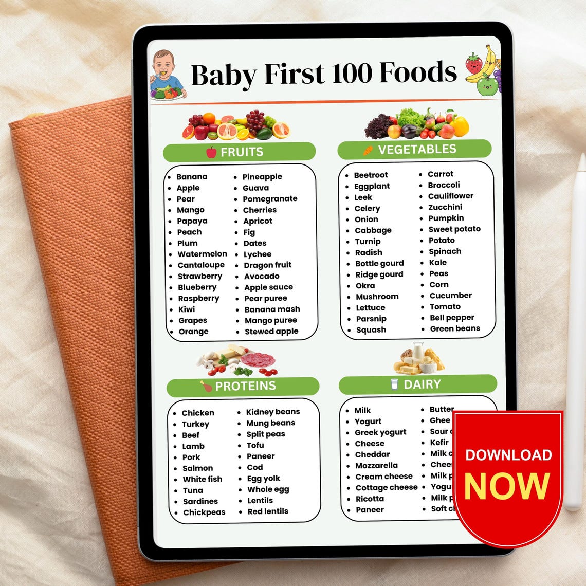 Baby First 100 Foods Checklist | Baby Food Chart Printable | Baby Led ...