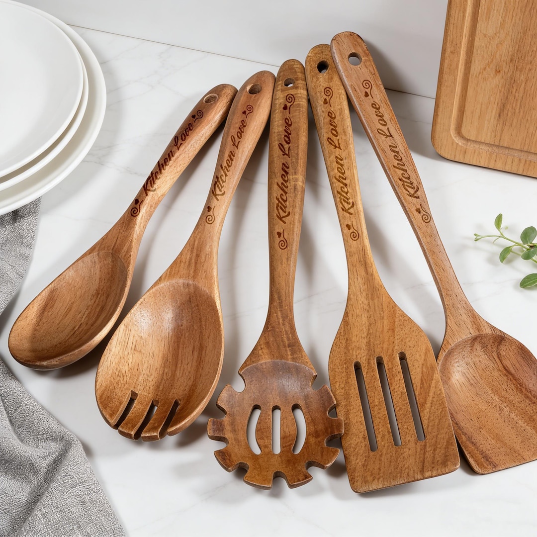 Personalized Acacia Wood Utensil Set, Custom Engraved Wooden Spoons ...