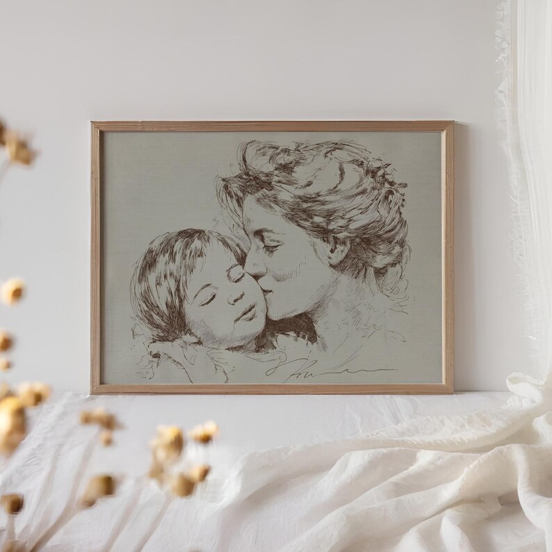 Vintage Mother and Child Printable, Mothers Day Sketch Portrait Wall ...