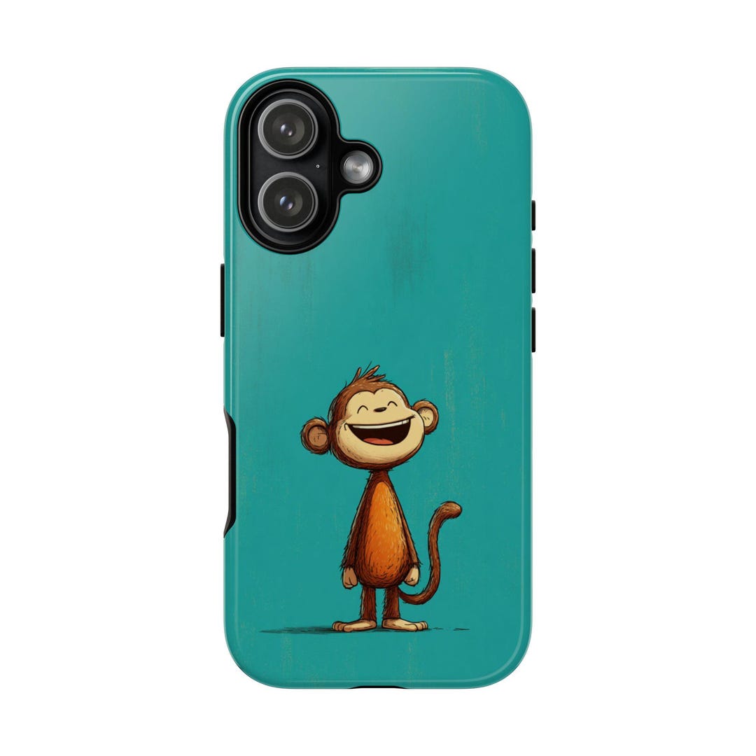 Happy Monkey Phone Case Cute Cartoon Monkey Art Teal Background, Fun ...