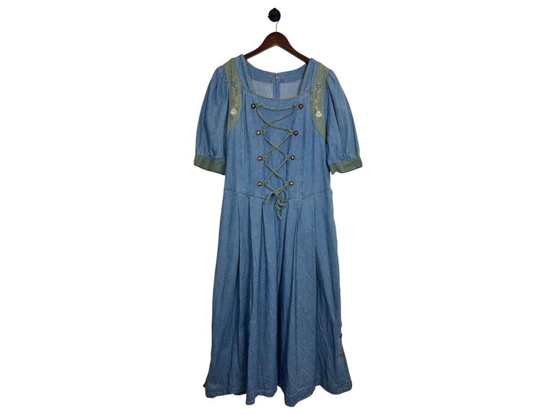 Vintage Denim Dirndl Dress for Women, Blue and Green – Jeans – Floral ...