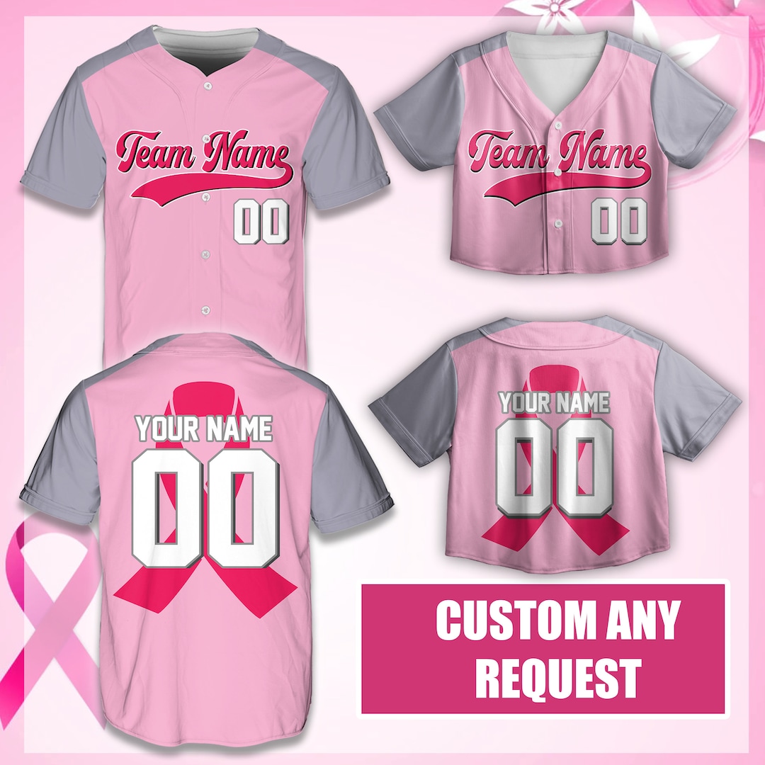 Personalized Name Breast Cancer Awareness Baseball Jersey, Pink Ribbon ...
