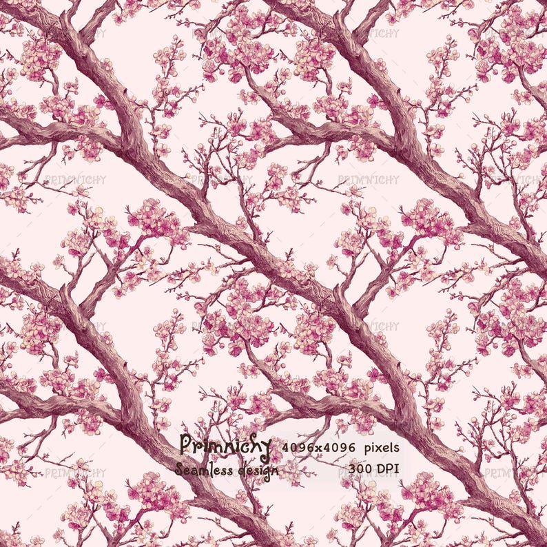Chinoiserie Cherry Blossom Seamless Pattern Bundle, Floral Tree Toile ...