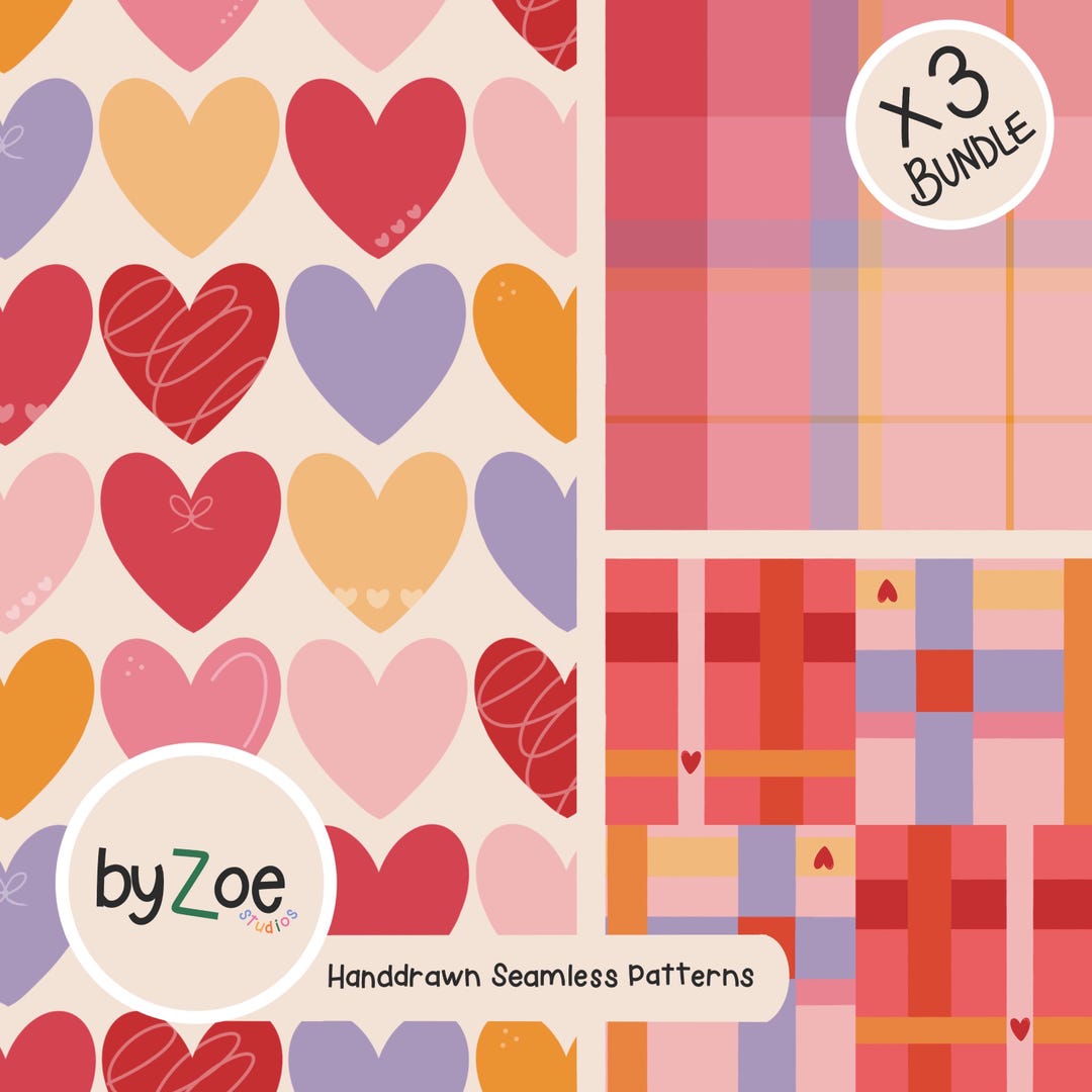 LOVE Themed Seamless Repeating Pattern Bundle; Hand Drawn Children’s ...