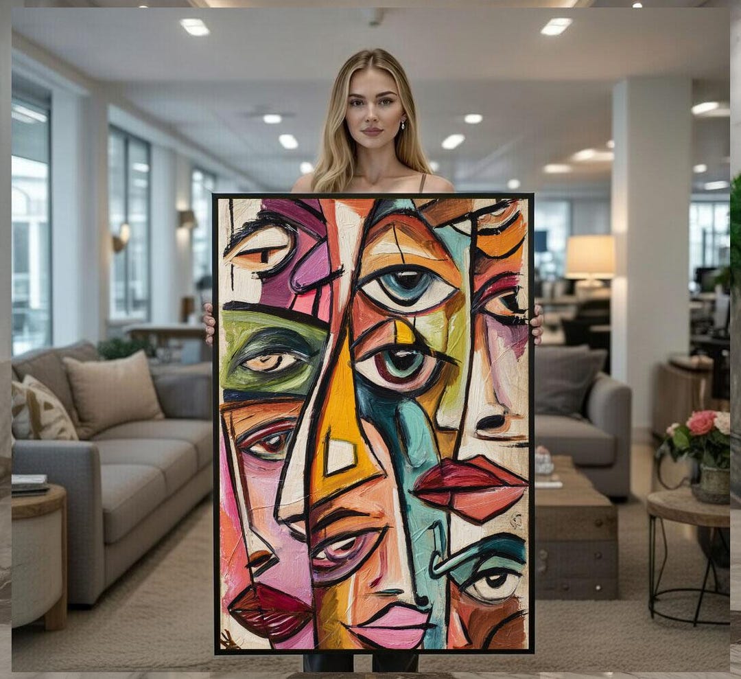 Vibrant Abstract Faces Style Canvas Wall Art Print Colorful Living Room ...