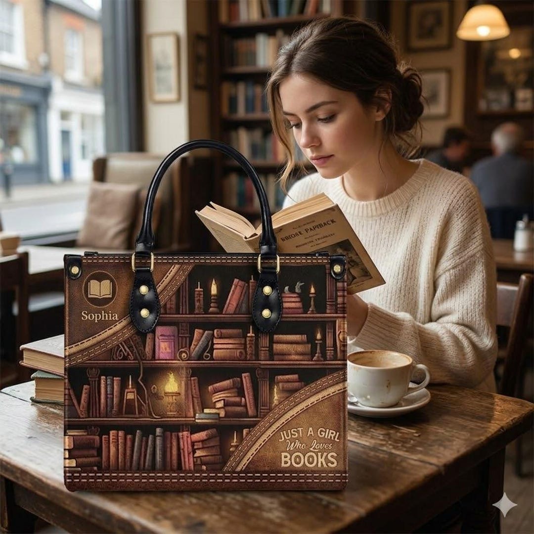 Vintage Bookshelf Tote Bag, Custom Book Lover Leather Handbag, Dark ...