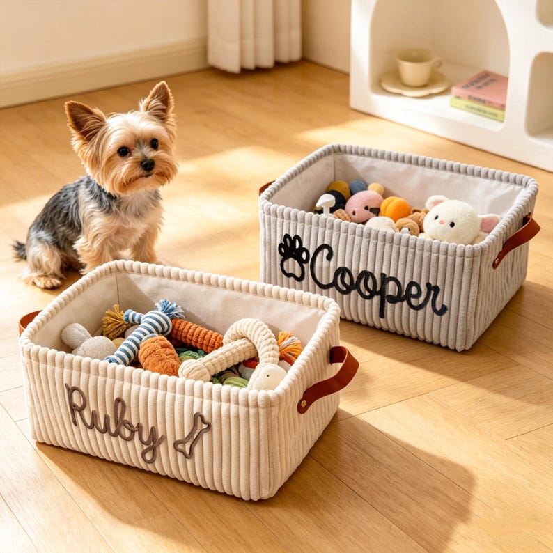Personalized Corduroy Pet Toy Storage Basket – Custom Name Embroidery ...