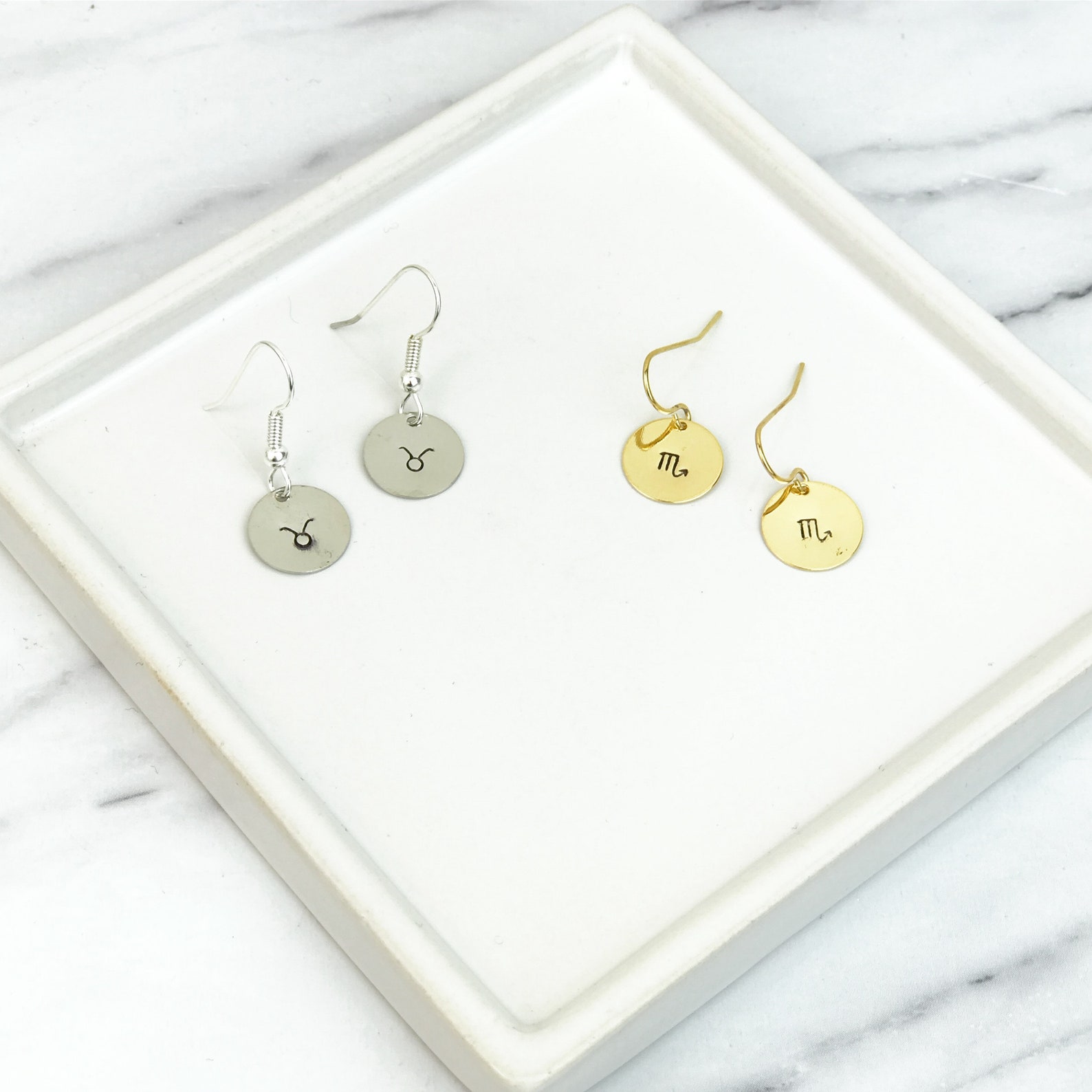 Zodiac Earrings Silver Gold Symbol Sign Handmade Stamped Drop | Etsy