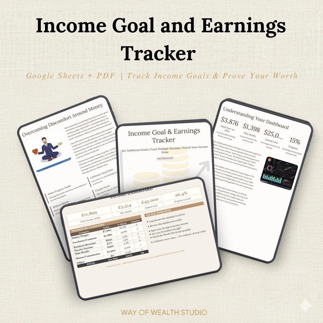 Income Goal Tracker Spreadsheet, Multiple Earnings Dashboard, Monthly ...