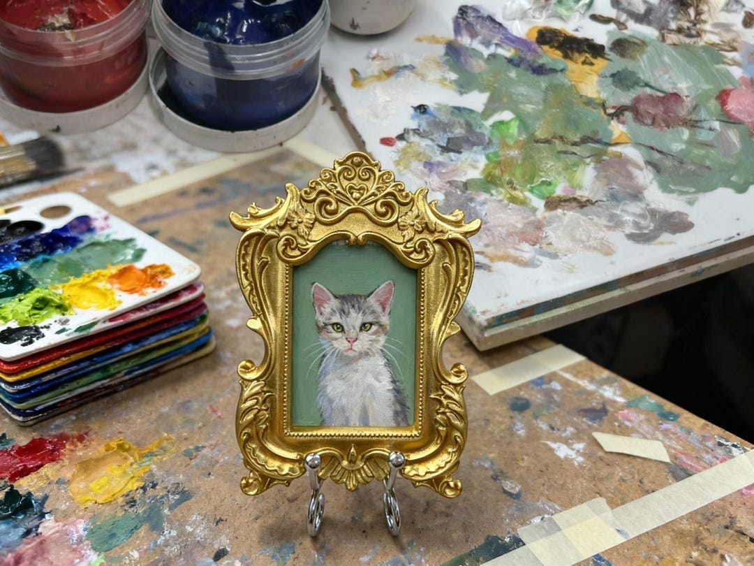 Hand Painted Mini Pet Portrait, Painting From Photo, Gold Baroque Frame ...
