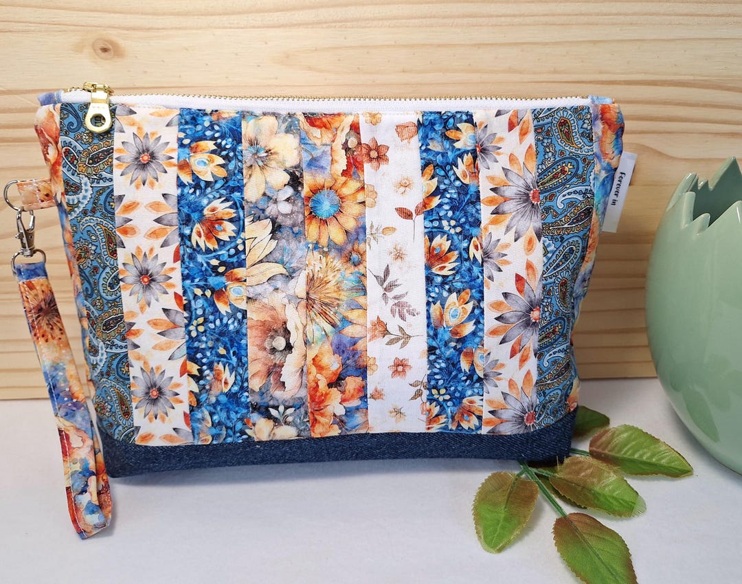 Floral Stripes Patchwork Pouch With Interior Pockets - Detachable ...