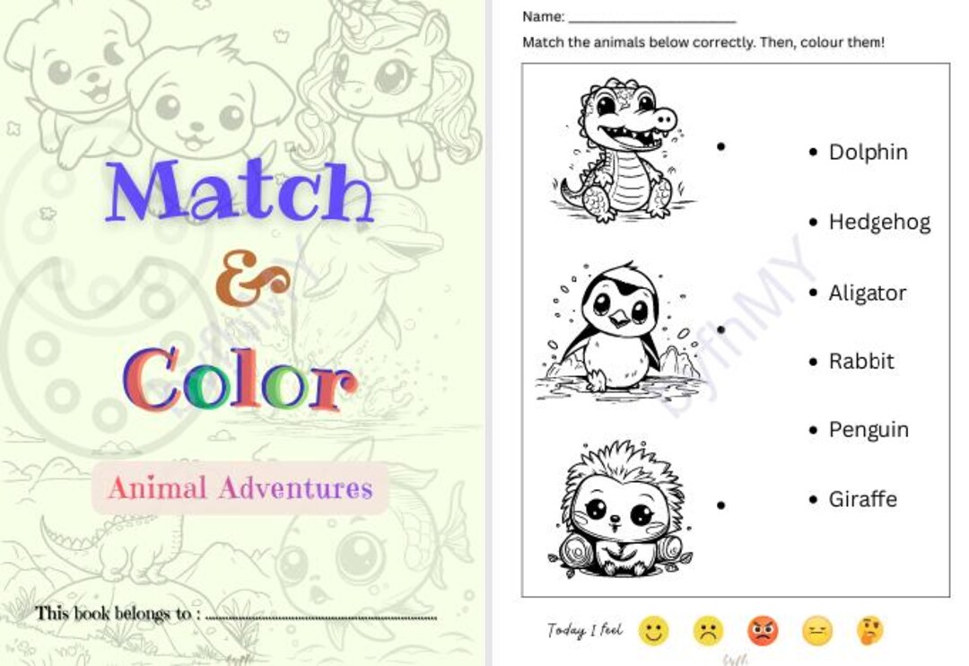 Kindergarten Matching & Coloring Book : Animal Adventures - Etsy
