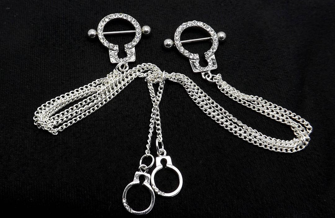 Rhinestone Handcuff Nipple Shields With 18g Barbell Chain Nipple ...